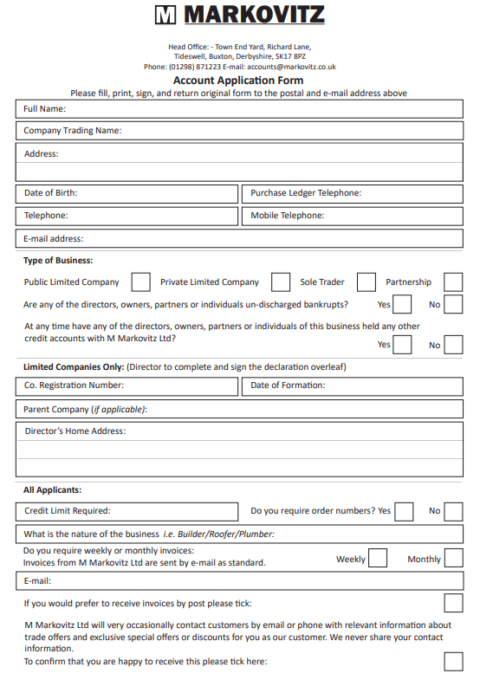 Open an Account with Markovitz – M Markovitz Limited